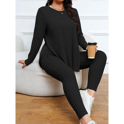 24 Piece Set Plus Solid Ribbed Knit Split Hem Tee High
