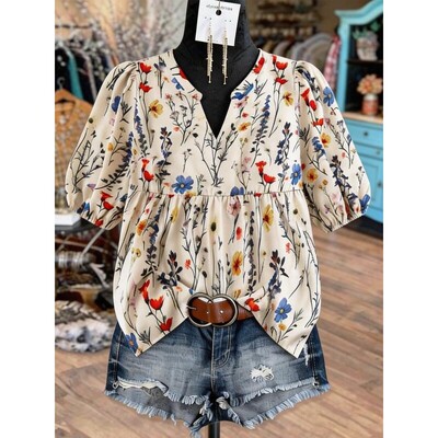 Floral Print Notched Neck Boho Cottagecore Blouse Boho