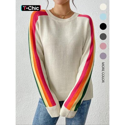 Womens Colorblock Striped Sweater Casual Long Sleeve Jumper
