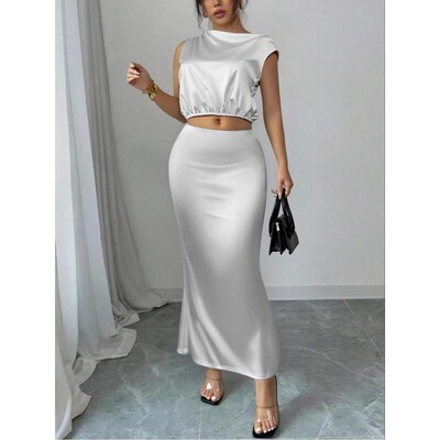Womens Solid Asymmetrical Neck Top Mermaid Skirt Satin