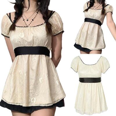 Women Y2k Fairy Grunge Shirt Top Short Sleeve Lace Trim U