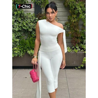 Womens Solid Asymmetrical Neck Knot Design Top High Waist