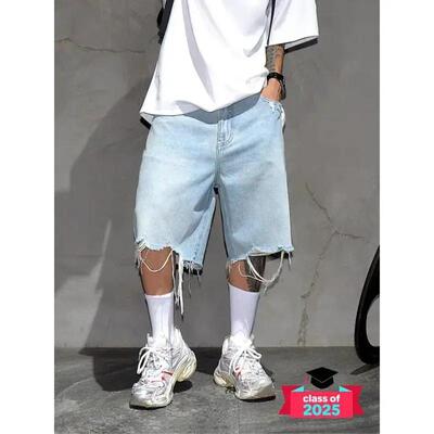 Mens Regular Fit Solid Color Ripped Denim Shorts Casual
