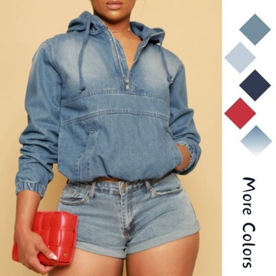 Womens Half Zip Denim Hoodie Pullover Jacket Jean Tops