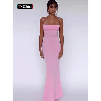 Womens Solid Backless Cami Mermaid Bodycon Dress Adjustable