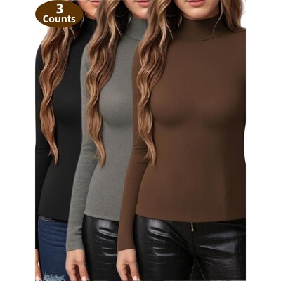 Luxe Curve 3 Counts Women's Plain Solid Long Sleeve Thermal