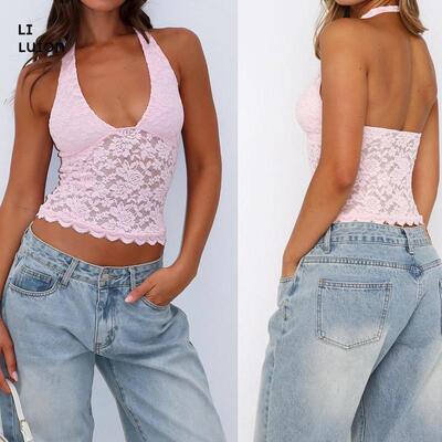 Women Sexy Low Plunge Lace Halter Top Sleeveless Backless