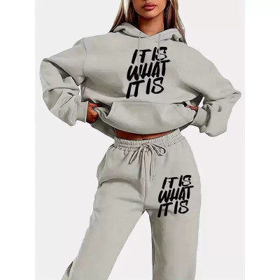 Women's Hooded Tracksuit Set with Geometric Letter Print