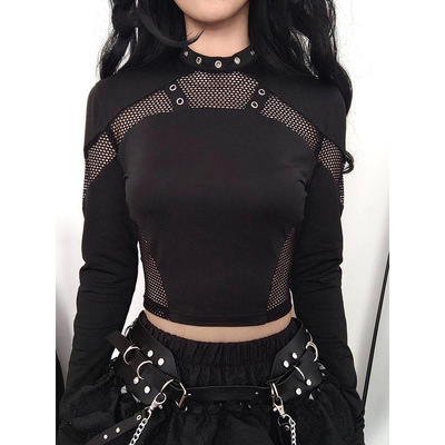 Q 99616 Punk Mesh Spliced Hollow Tees 朋克网格拼接镂空 T 恤