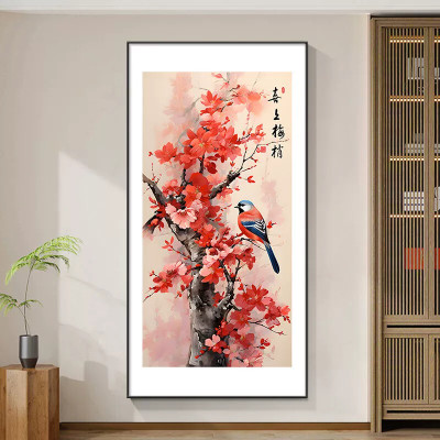 喜上眉梢入户玄关装饰画新中式梅花喜鹊竖版挂画大气走廊过道壁画