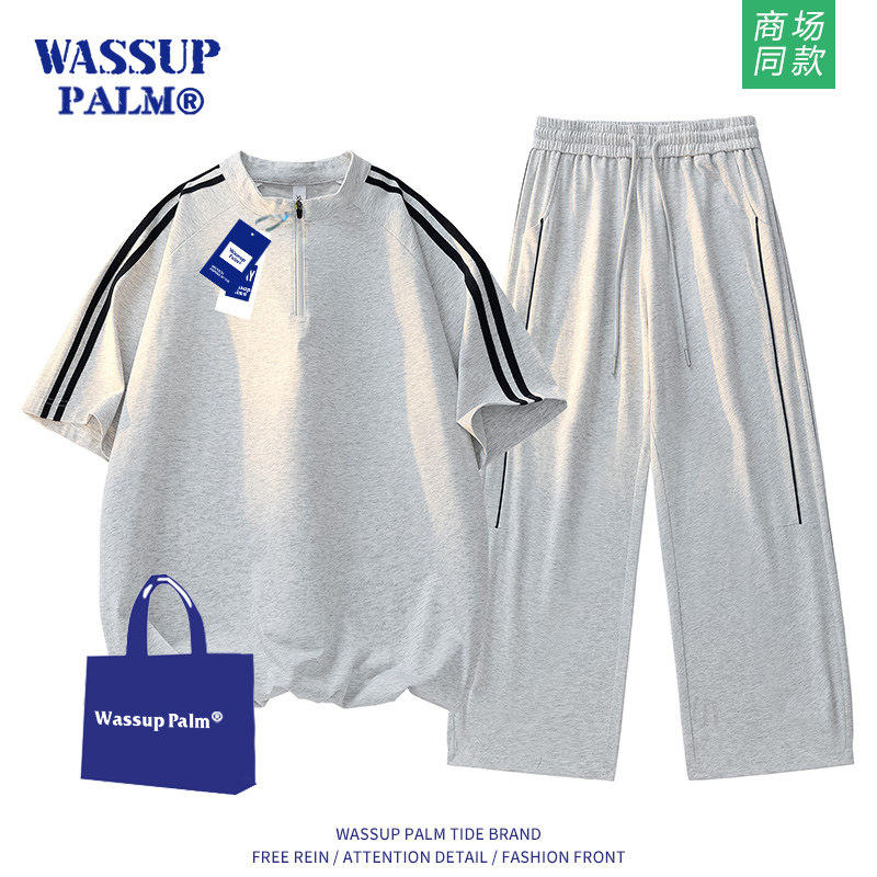 WASSUP PALM运动服套装男2026新款夏季休闲薄款短袖长裤两件套潮