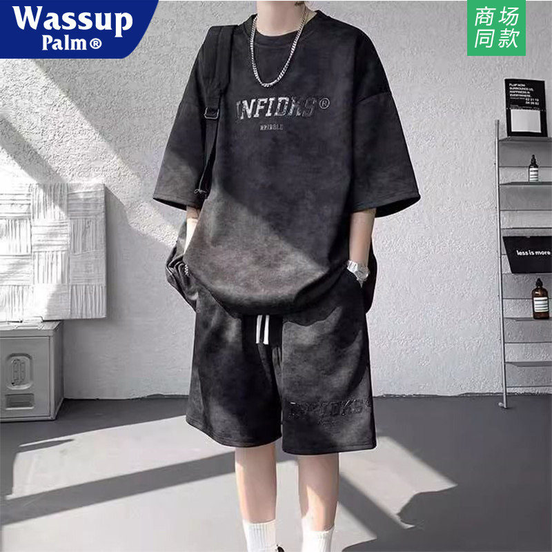 WASSUP PALM运动服套装男2026新款夏季休闲短袖短裤扎染两件套潮