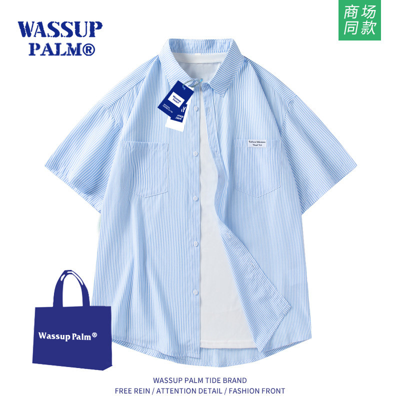 WASSUP PALM短袖衬衫男2026新款夏季蓝色高级感痞帅休闲衬衣外套