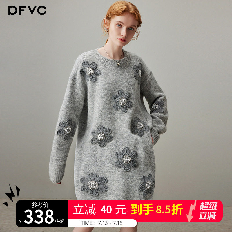 dfvc灰色羊毛圆领针织连衣裙女2025年春季新款立体花朵慵懒风毛衣_虎窝淘