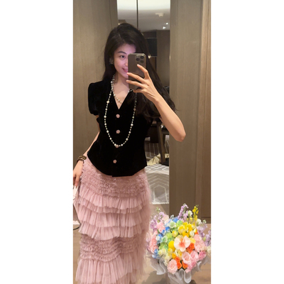 N.COU妮蔻26夏新款V领黑色100桑蚕丝丝绒上衣女短款百搭贵气感T恤