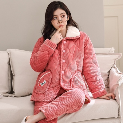 冬天女士三层加厚珊瑚绒夹棉睡衣