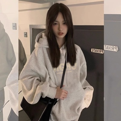 速发overs衣z情大码连帽卫i秋冬加绒慵懒风宽松外套e侣上衣