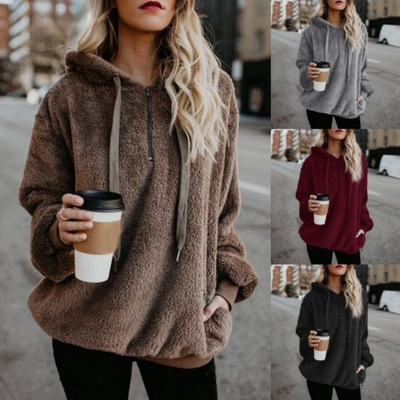 Women's hooded solid color hoodie sweater女连帽纯色卫衣绒衫