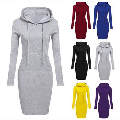 Solid color casual hooded long sleeved dress女连帽长袖连衣裙