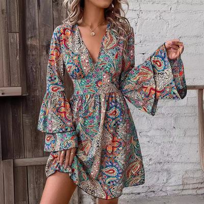 Ladies' autumn elegant floral print dress优雅花卉印花连衣裙