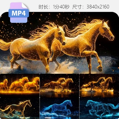 高清奔腾骏马粒子特效马年开场 科技感万马奔腾奔跑金色视频素材