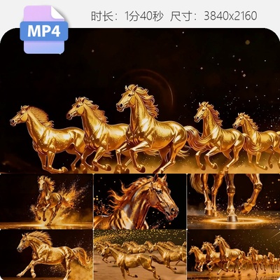 高清金色骏马奔腾黄金马群粒子特效动态金色光芒马蹄奔跑视频素材