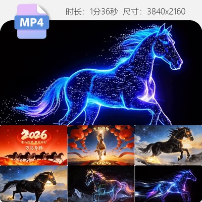 高清2026马年动态背景万马奔腾新年元旦金色星空粒子光效视频素材