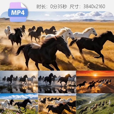 高清万马奔腾草原骏马驰骋日落雪山河流花海自然风光视频素材