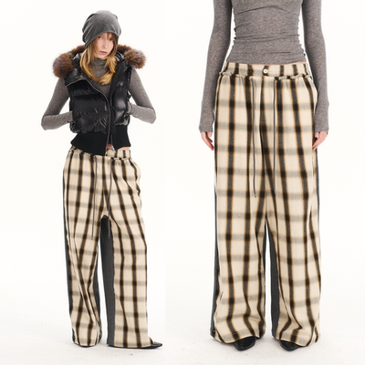 格纹阔腿裤女抽绳慵懒风