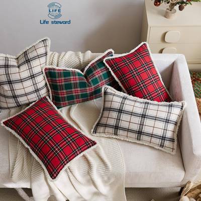 Christmas Plaid Splicing Plush Brim Pillow Cover Cushion