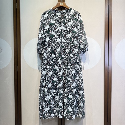 真丝乔琪时尚印花V领长袖百搭桑蚕丝休闲双层A字连衣裙女5-4-1