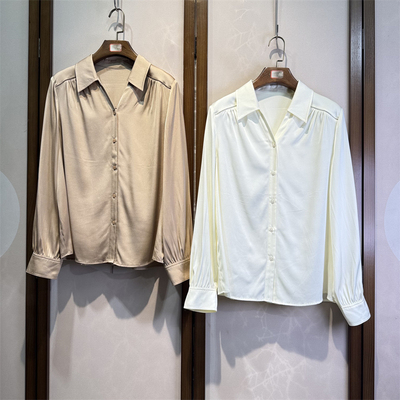 真丝弹力双乔纯色V领长袖桑蚕丝通勤百搭气质时尚休闲上衣27-2-2