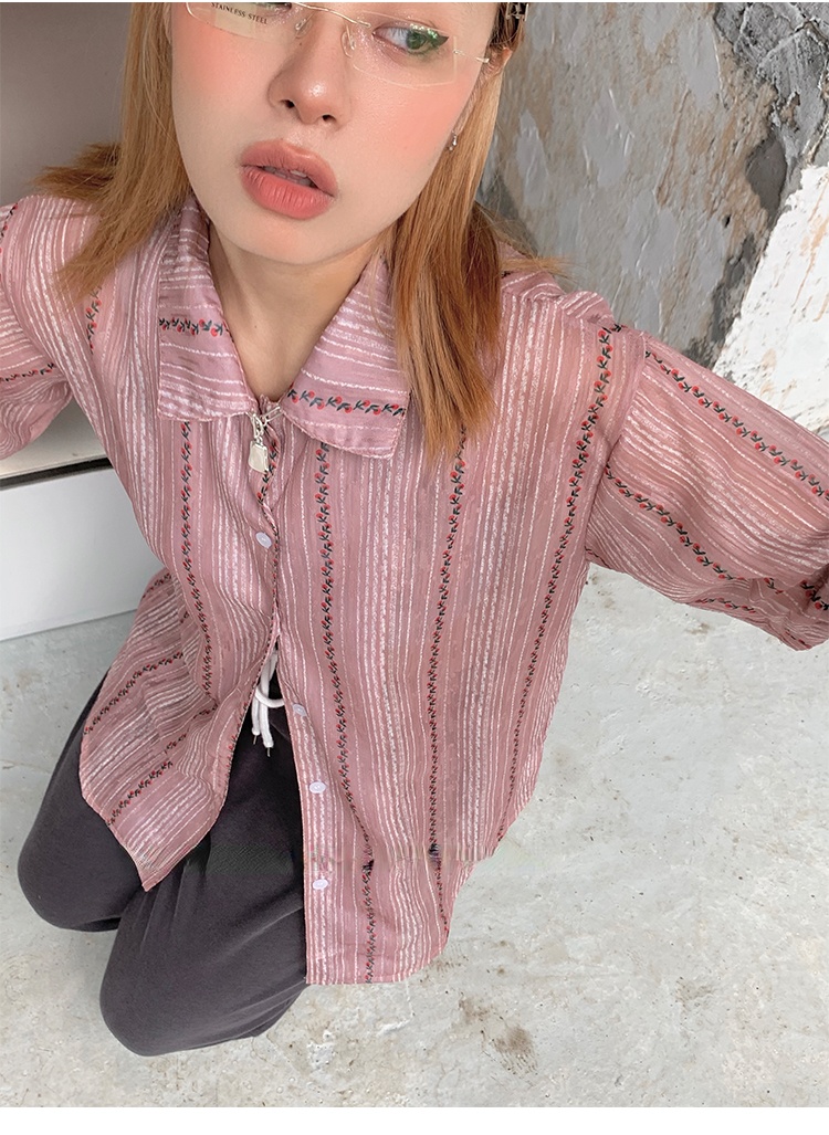 Unique SEI韩国夏季设计感ins风粉色小碎花印花休闲宽松百搭衬衫_虎窝淘