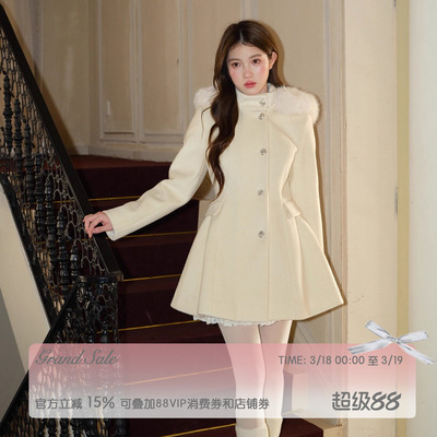 RECIT 重逢的冬天 象牙白连帽大毛领收腰A摆中长款毛呢大衣冬
