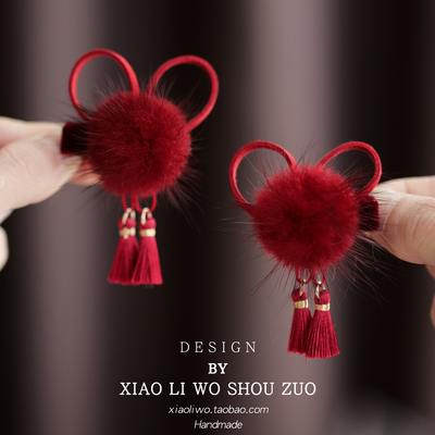 真水貂毛球兔耳流苏宝宝周岁发夹