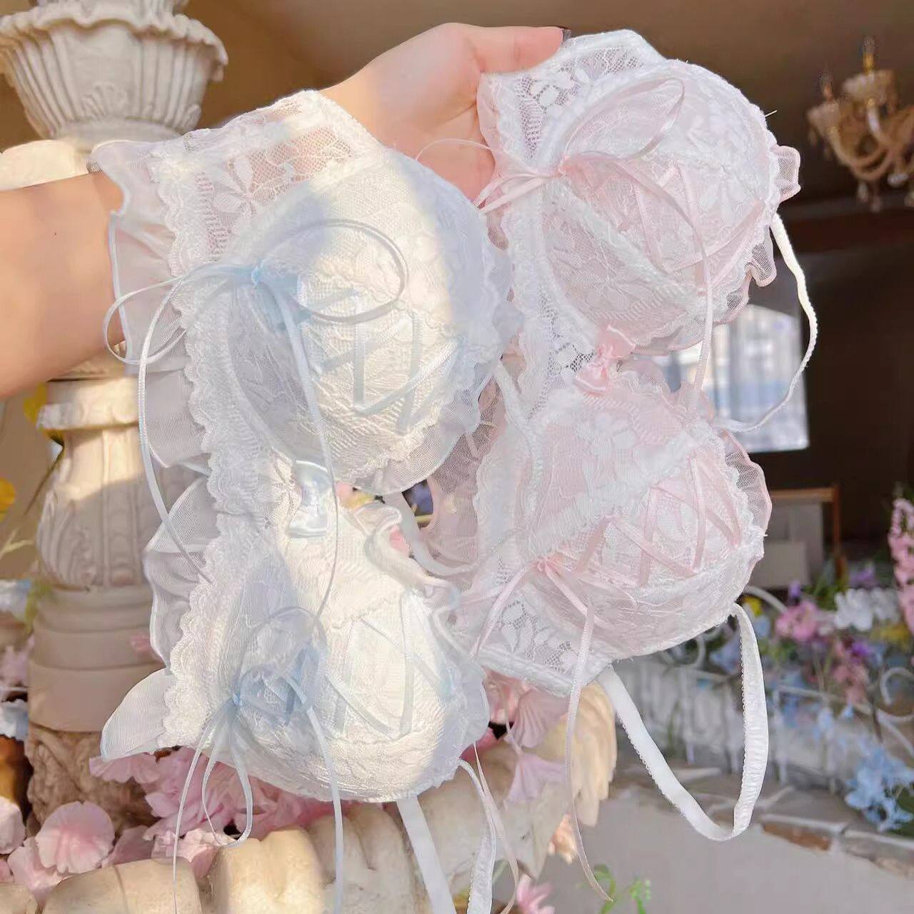 日系蕾丝内衣女套装小胸薄款蝴蝶结绑带上托防下垂无钢圈性感文胸