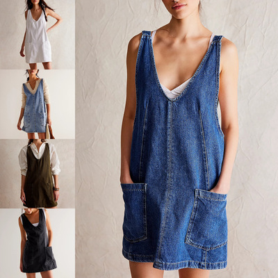 2025 Women's Denim Strap Pocket Adjusle Mini Dress Multicolo