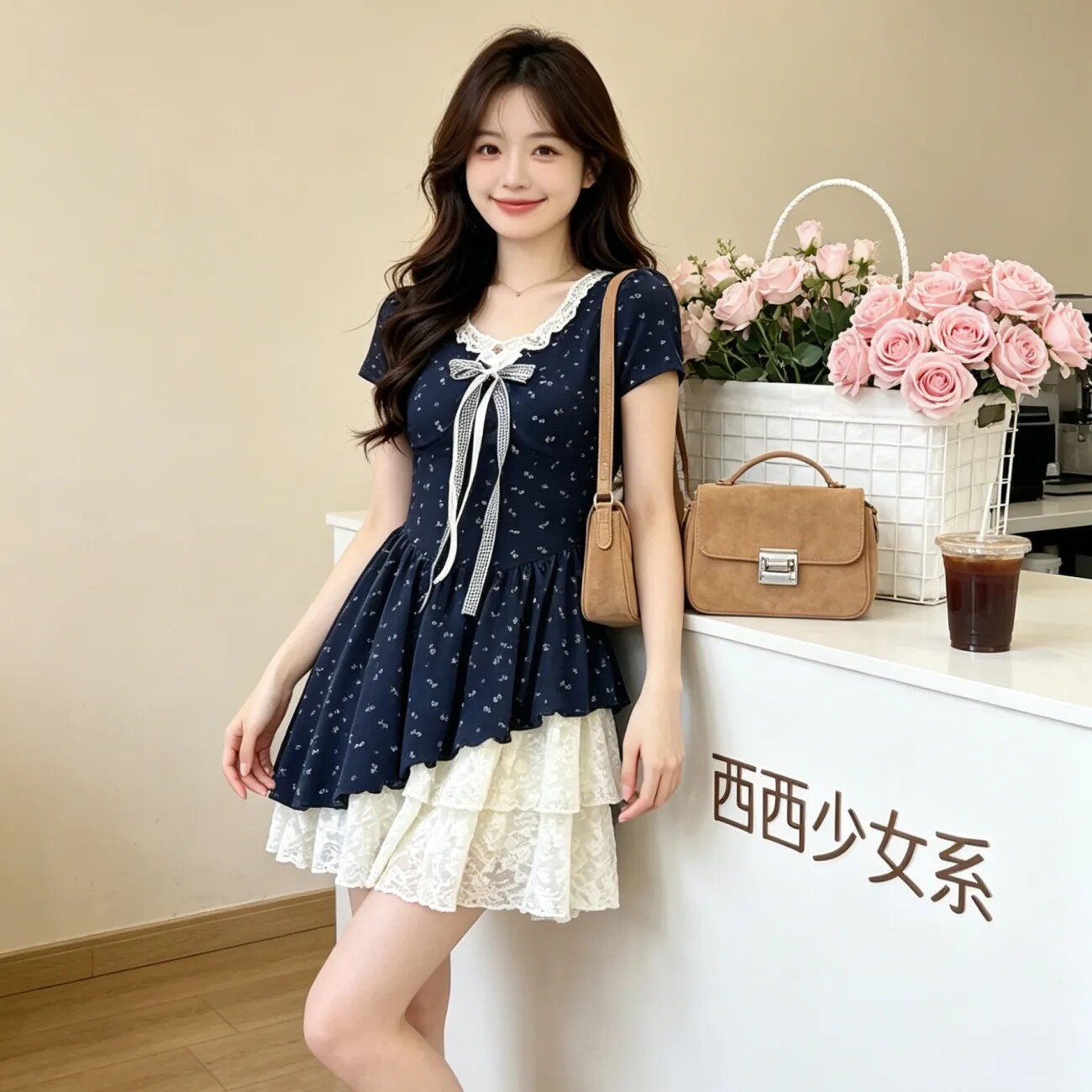 学院风碎花连衣裙女夏季新款收腰显瘦不规则蛋糕裙绝美短裙巨好看