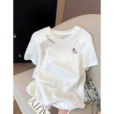 白色圆领雪花棉正肩短袖t恤女