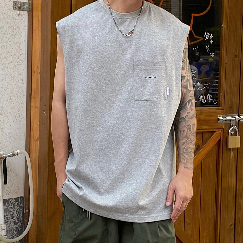 夏装新款bboy街舞嘻哈说唱运动宽松刺绣口袋小领口无袖背心男t恤_虎窝淘