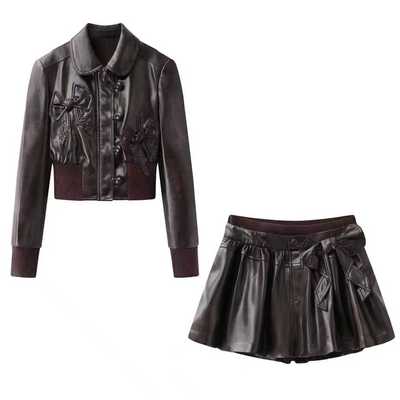 轻奢风娃娃领蝴蝶结PU皮衣外套女