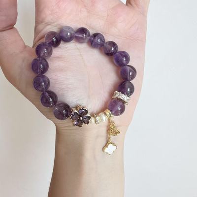 现货！多面体原创乌拉圭天然紫水晶手链手串 幸运四叶草 招财！！