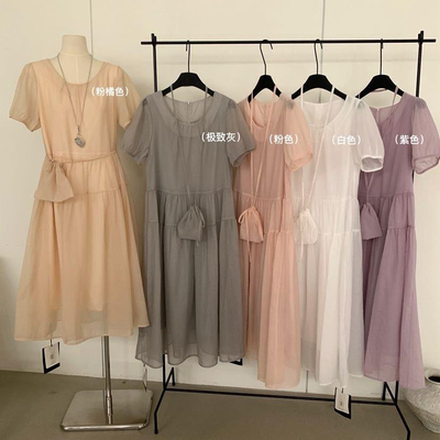 26夏上新韩韩仙仙圆领温柔色系美连衣裙(配包包)女