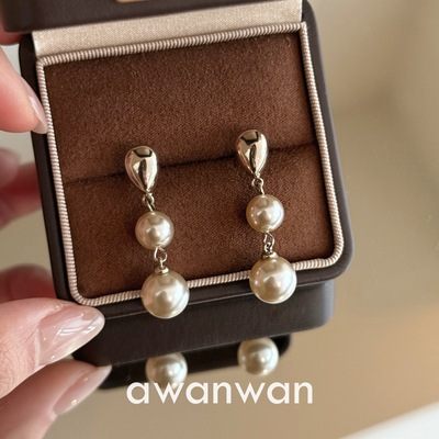 阿婉复古高级感香槟珍珠流苏耳钉