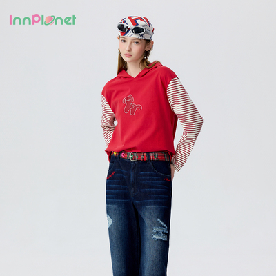 innplanet26春夏新款千禧运动风马年开运小马条纹宽松连帽T恤上衣