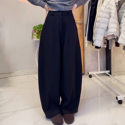 慵懒风黑色毛呢加厚阔腿弯刀裤女