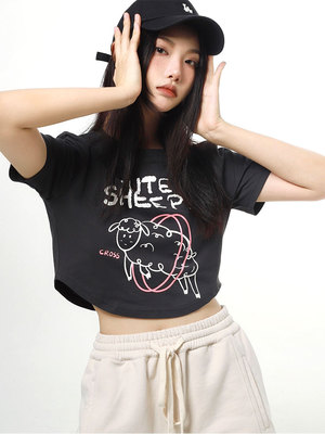 zzzdays原创法式白色小羊咩咩T恤时尚百搭正肩短款漏脐上衣女春夏