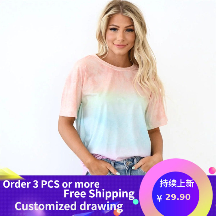 Summer tie-dye gradient rainbow T-shirt扎染渐变彩虹T恤女_虎窝淘