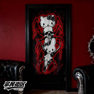 定制暗黑哥特恶魔朋克tattoo花体字kt猫二次元摇滚金属hiphop门帘