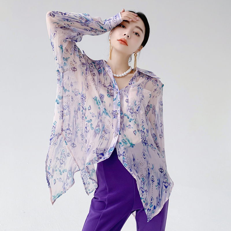 AKSAYA高级设计感小众港风复古印花衬衫女不规则薄款雪纺衬衣春夏_虎窝淘